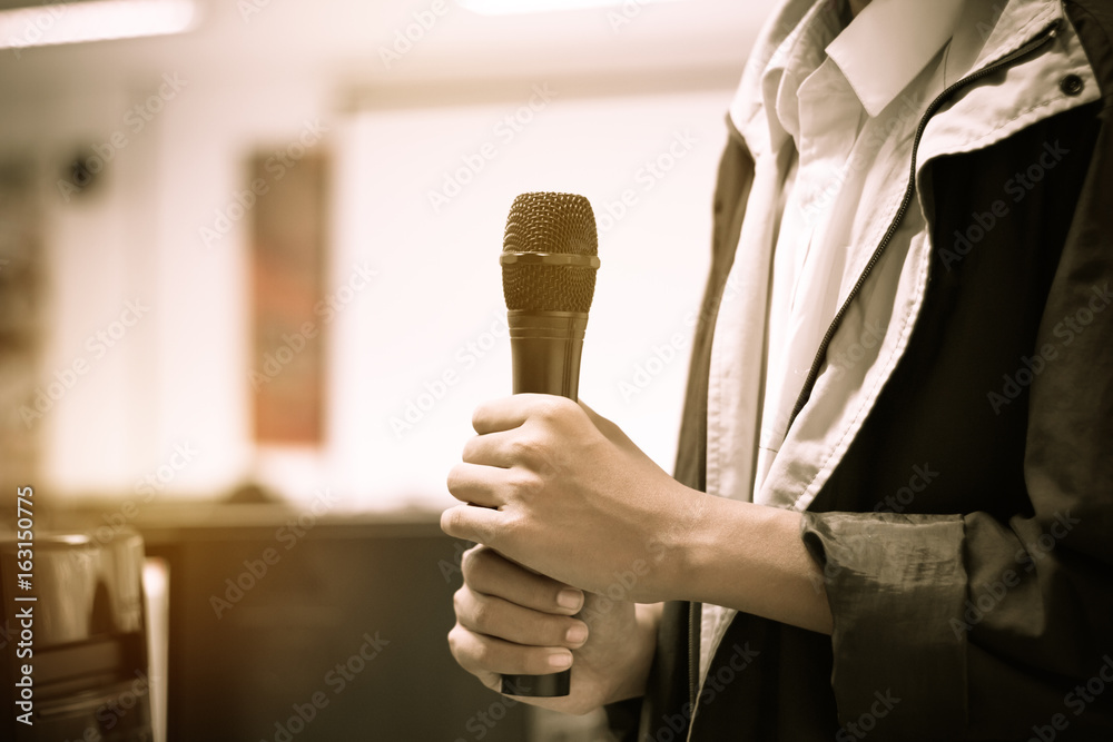 blurred of teacher speaking and speech talking with microphone in blur ...