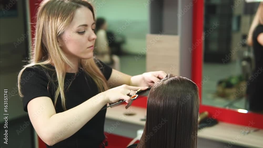 Woman barber cutting the tips of hair, straightening and combing it ...