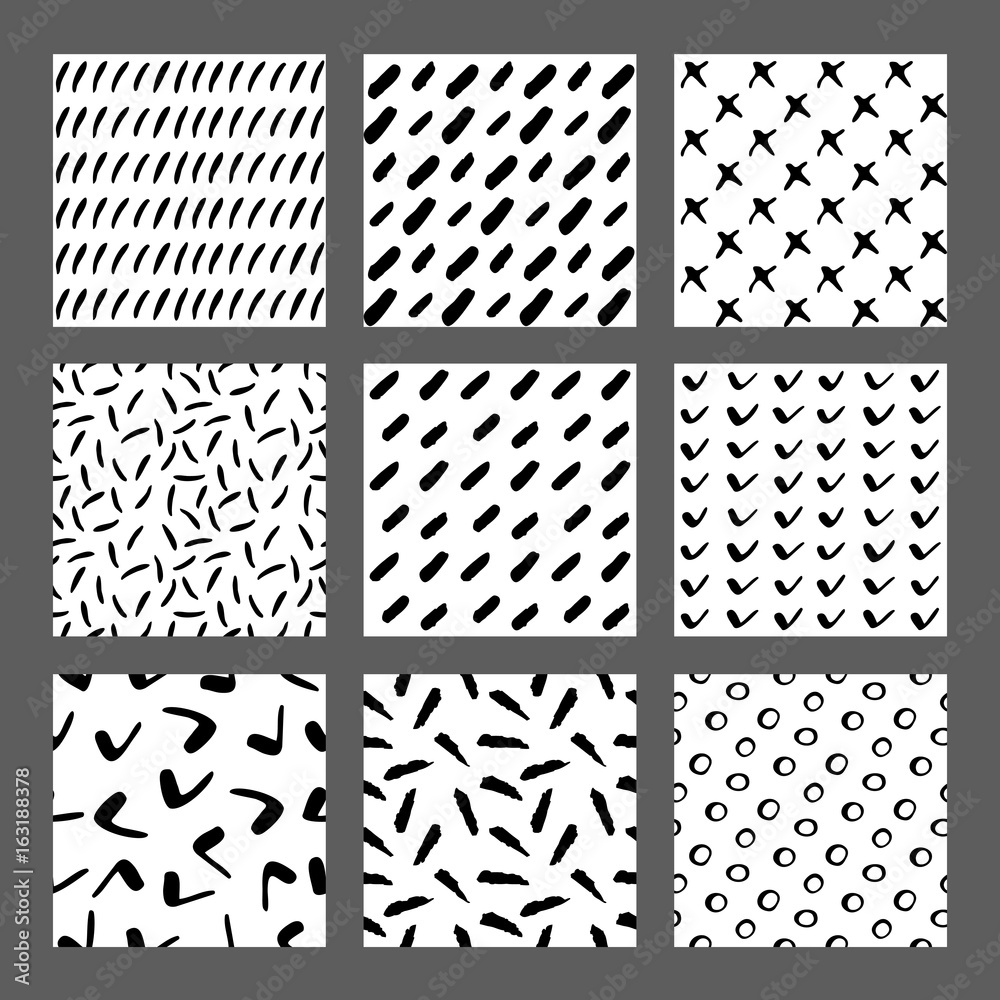 Hand drawn ink seamless pattern set. Simple Vector backgrounds with ...
