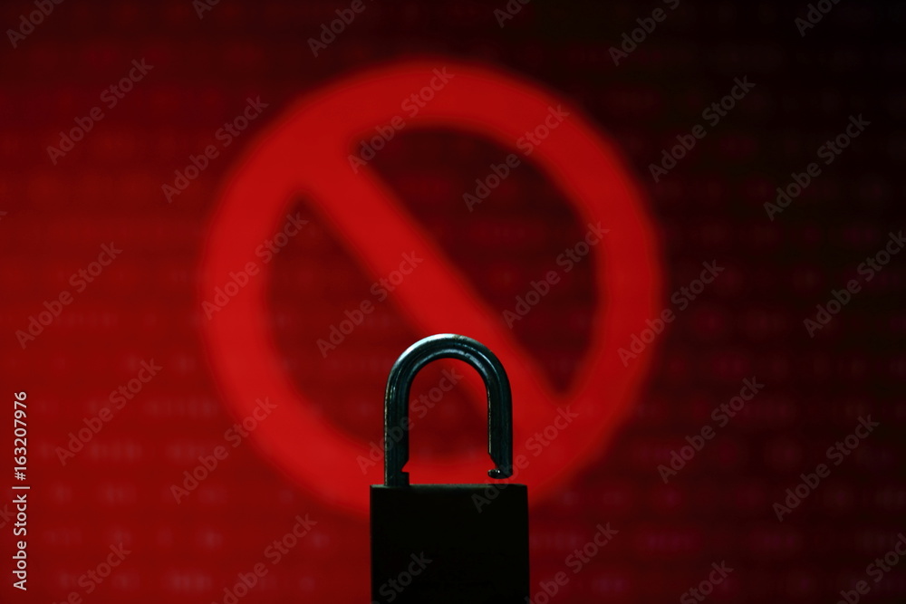 Visus or hacked computer screen Red binary computer code ransom screen background with stop ...