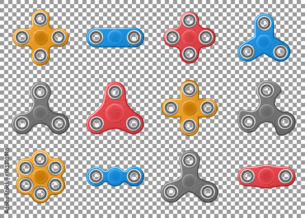 Set of Hand spinner toys. realistic yellow, red and gray spinner vector ...