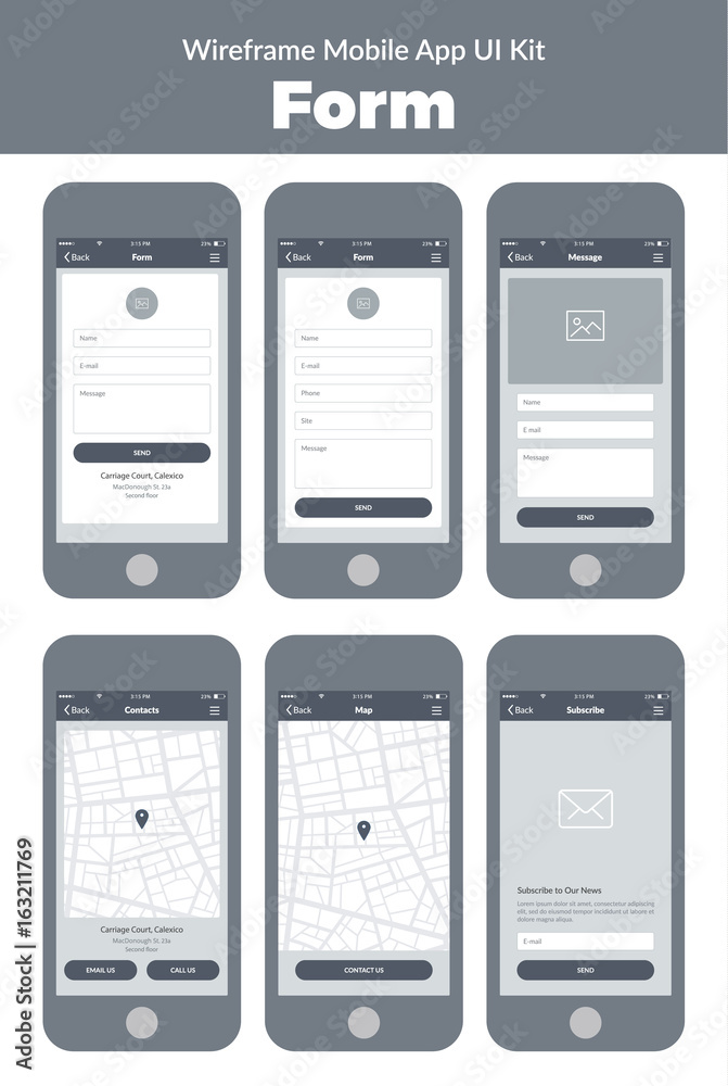 Wireframe UI kit for mobile phone. Mobile App Form. Contacts, about us ...