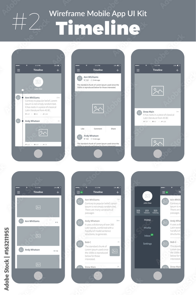 Vetor de Wireframe UI kit for mobile phone. Mobile App Timeline. Feed ...