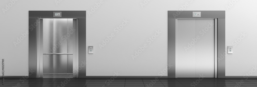 Elevators with open and closed doors. 3d illustration Stock ...