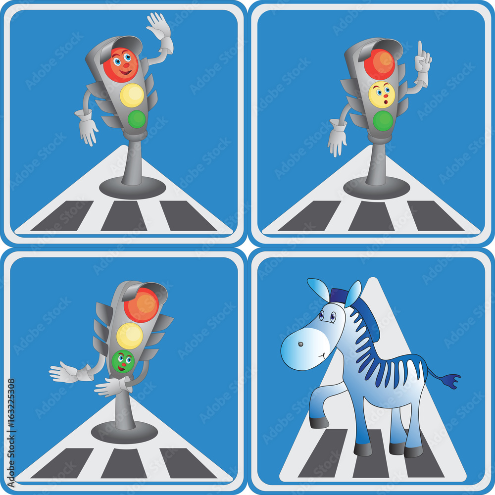 Cartoon traffic light and zebra. Set. Logo, icon. Vector image. Road ...
