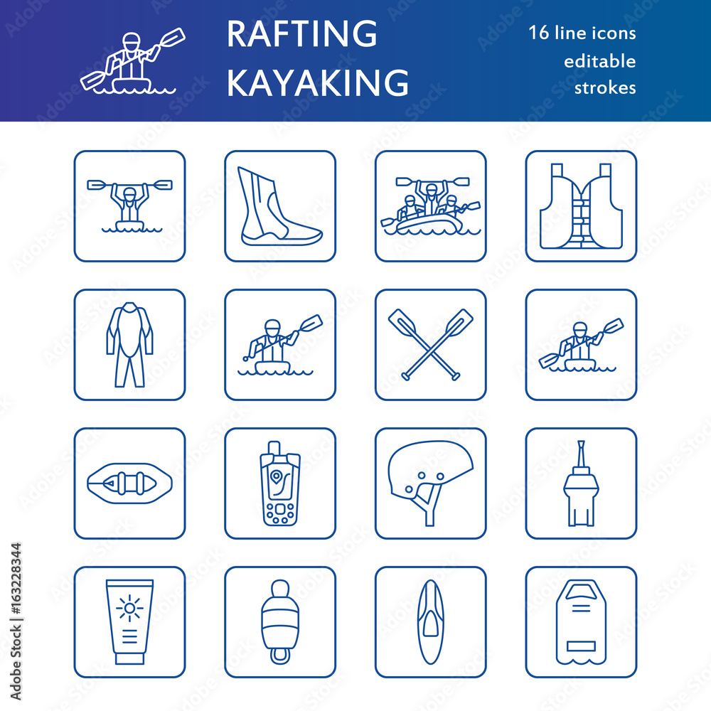 Rafting, kayaking flat line icons. Vector illustration of water sport ...