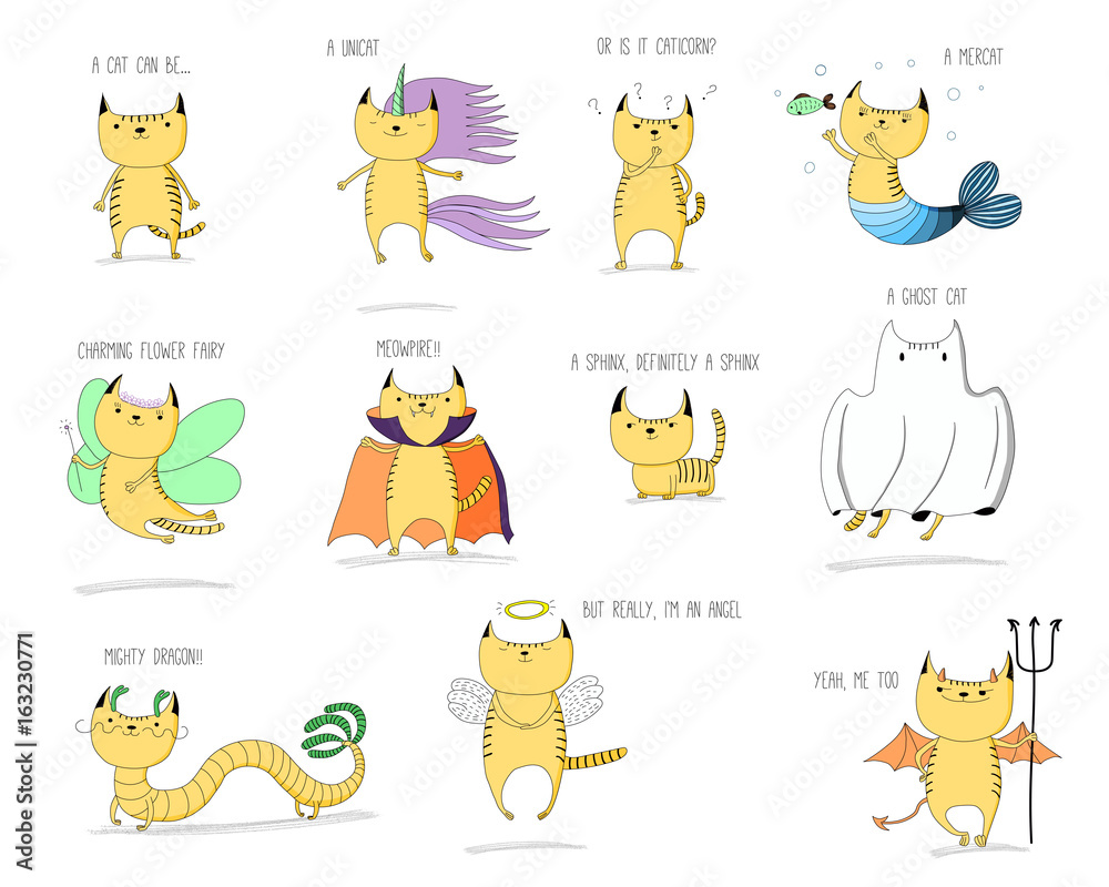 Hand drawn vector doodles of cute cats mythical creatures - unicorn ...