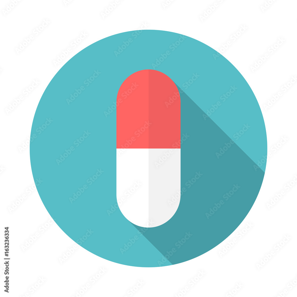 Drug circle icon with long shadow. Flat design style. Pill simple ...