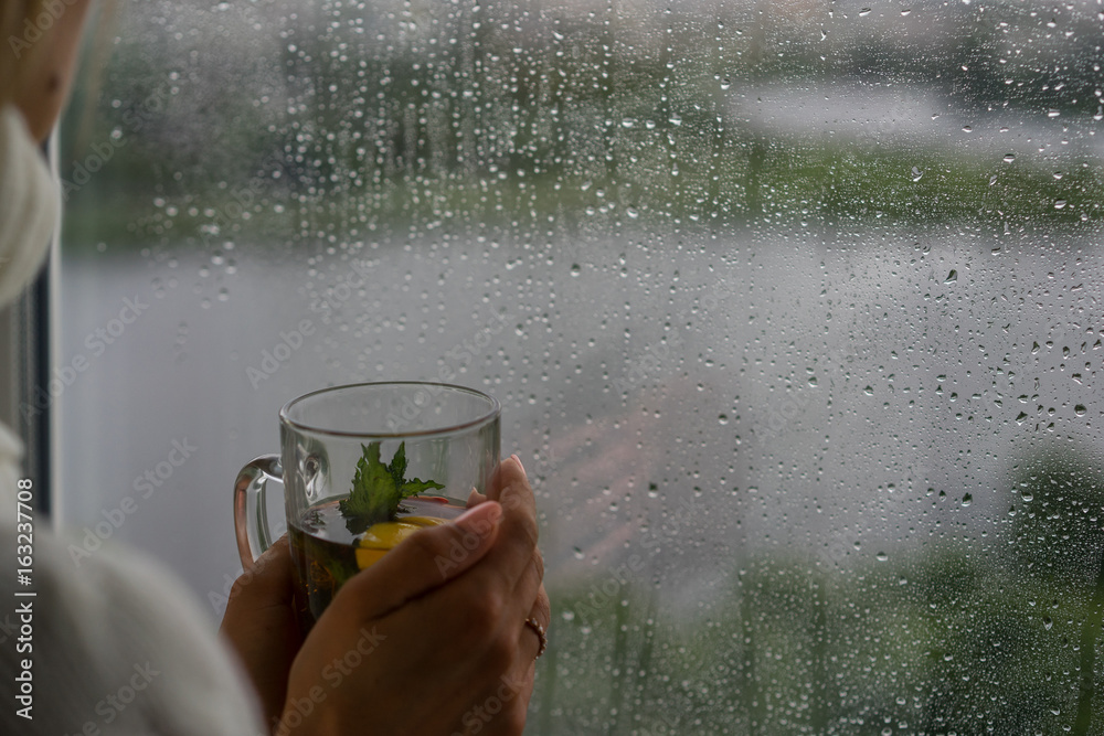 Young Woman Enjoying her morning tea, Looking Out the Rainy Window ...