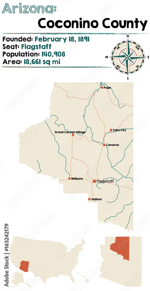 Large and detailed map of Coconino county in Arizona. Stock Vector ...