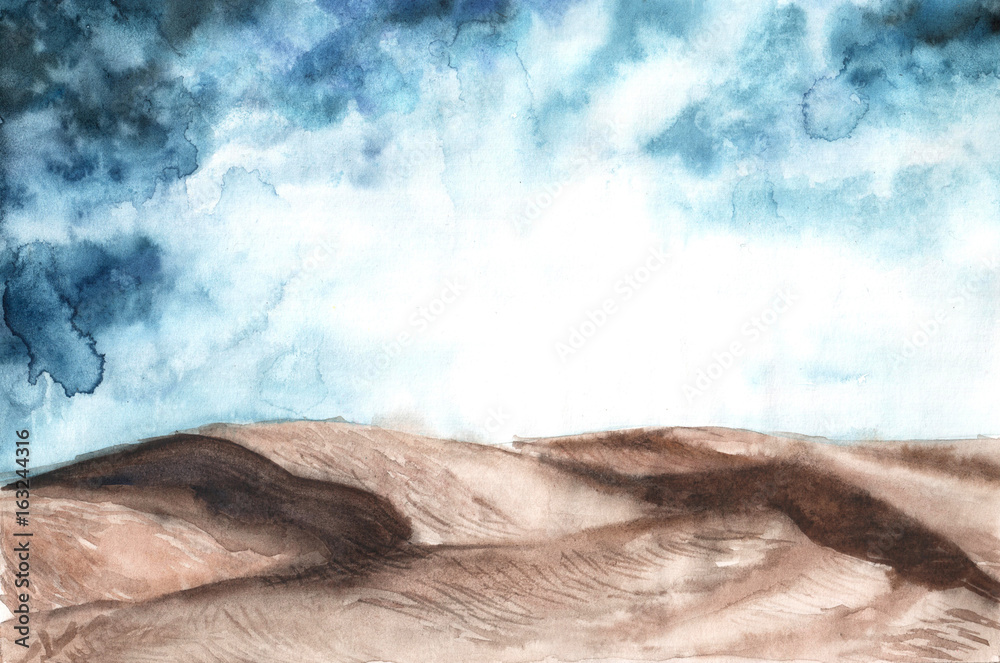 Watercolor illustration of desert landscape. Hand drawn background ...