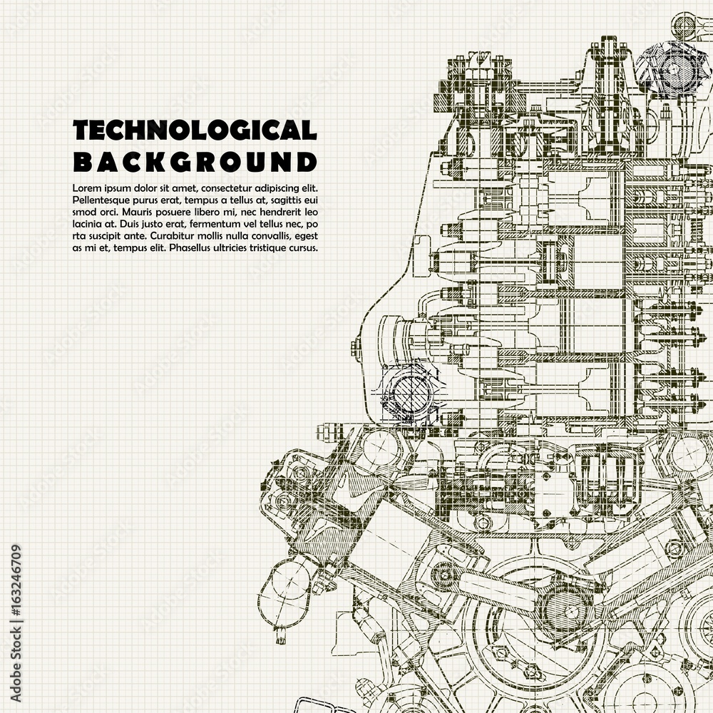 Technical background, drawing engine and space for your text. Stock ...