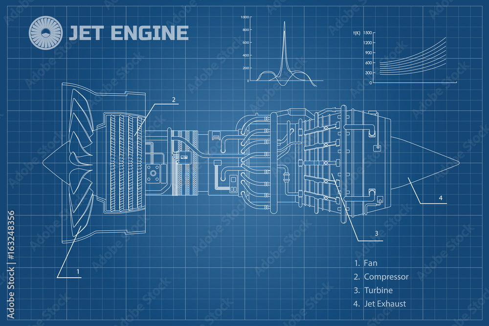 Jet engine in a outline style. Industrial vector blueprint. Part of the ...