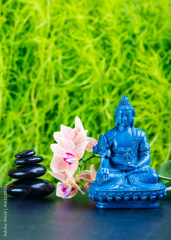 Zen garden background with Medicine Buddha, orchid flower and zen ...