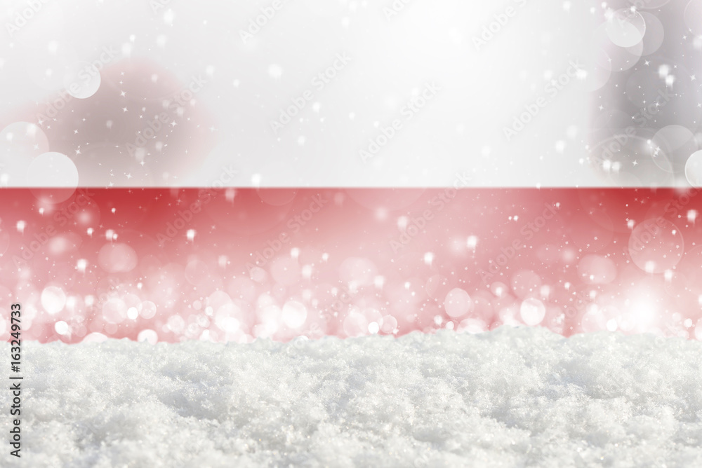 Defocused Poland flag as a winter Christmas background with falling ...