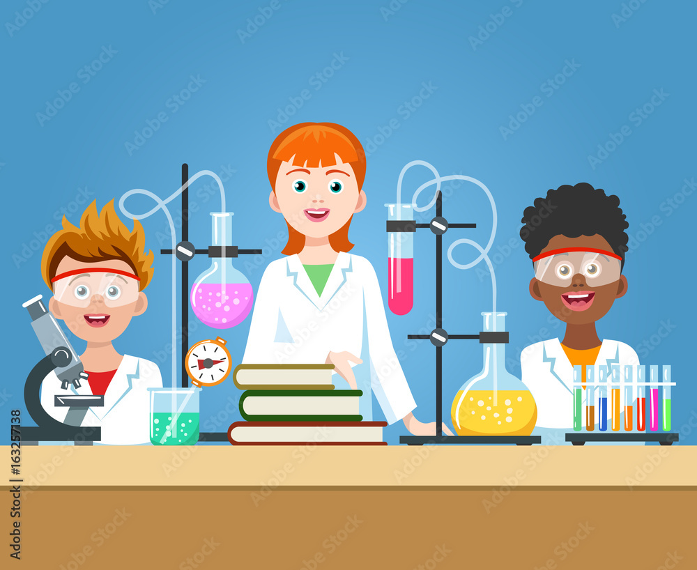 Pupils in chemistry lab. School science class laboratory with kids in ...