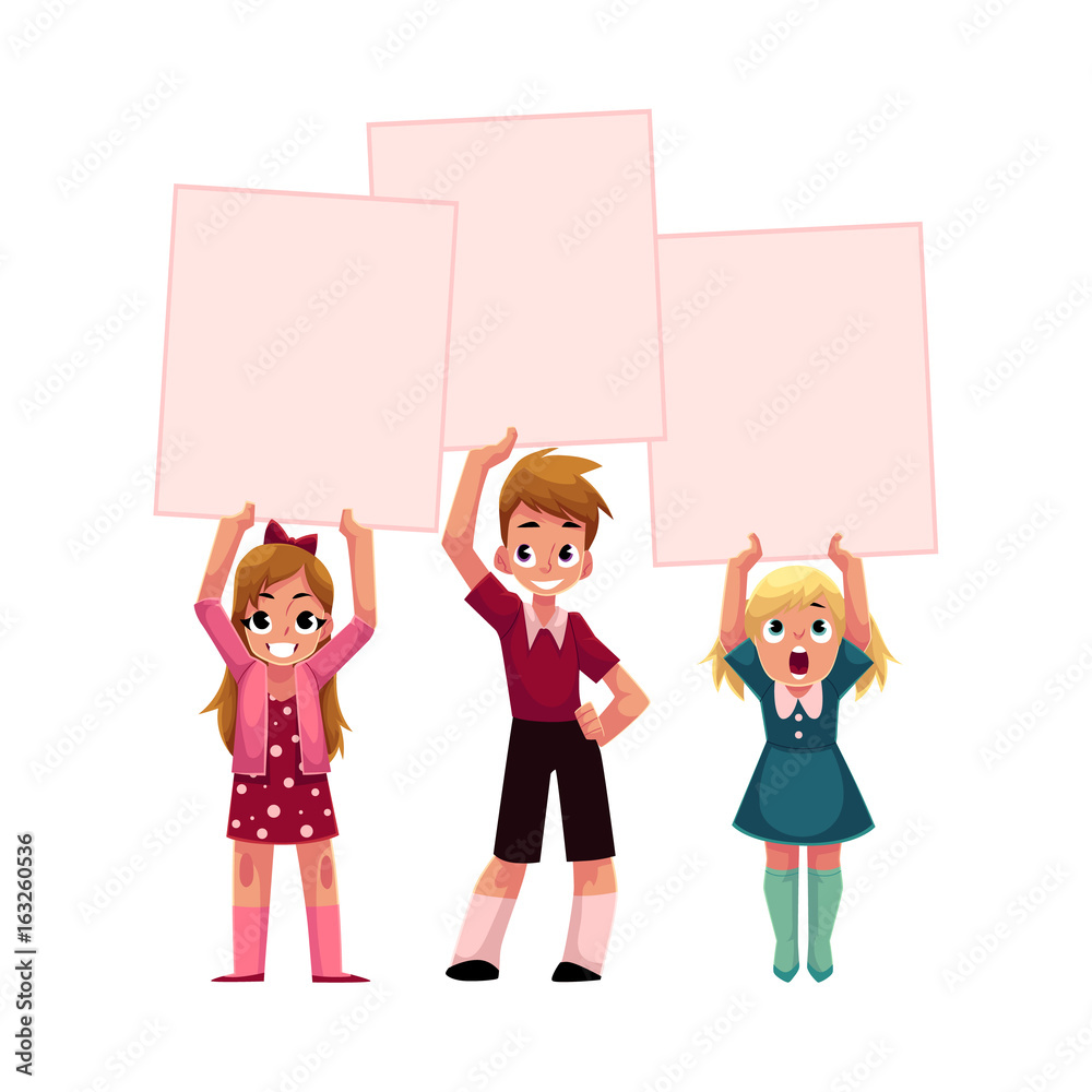 Three kids holding blank empty posters over head, cartoon vector ...