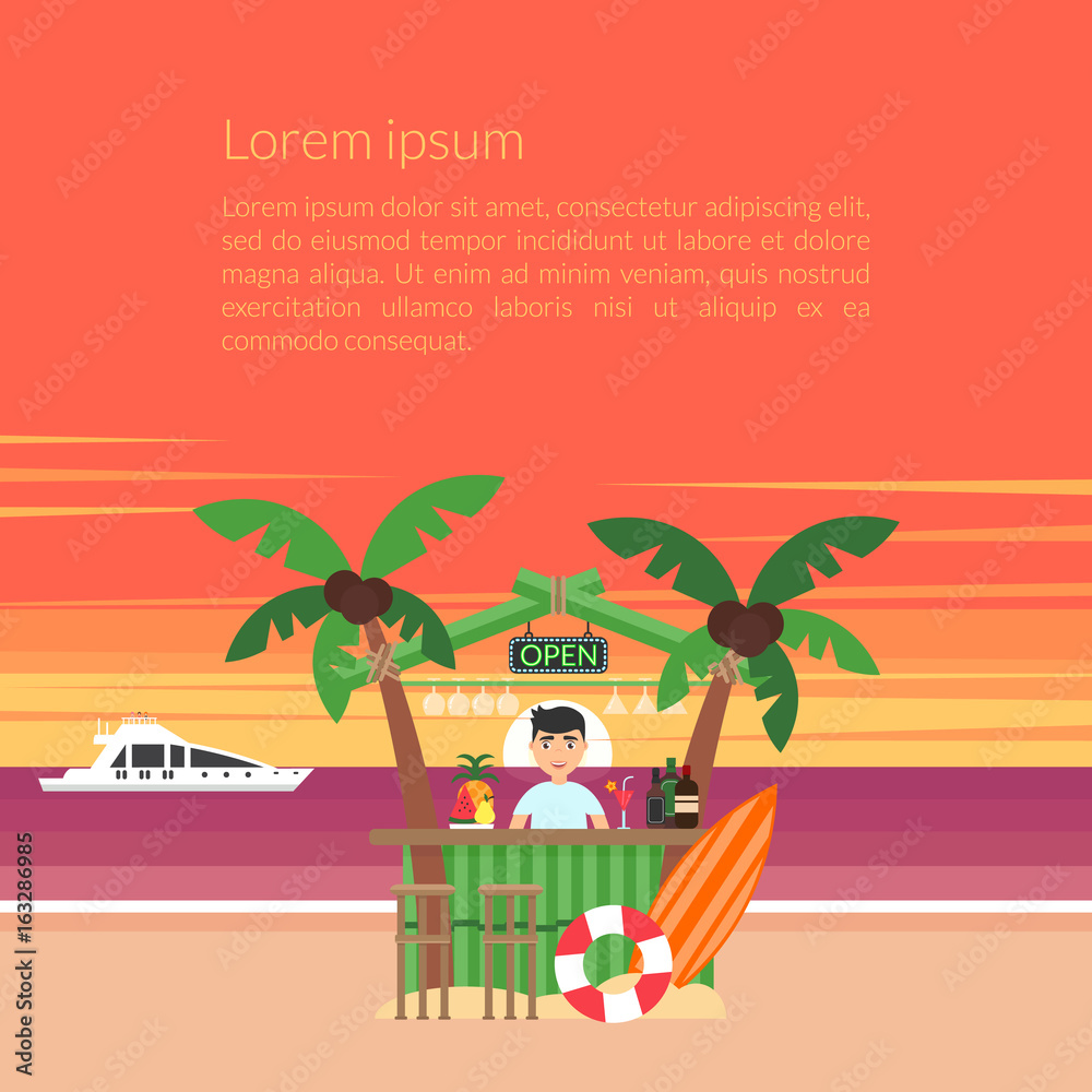 Summer background - sunset beach. Poster the vacation at the ocean. The ...