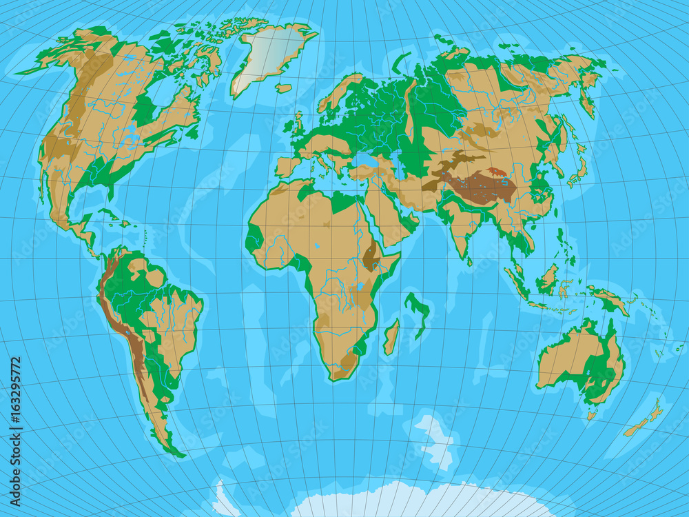 World map with relief. All reliefs are separated in editable layers ...