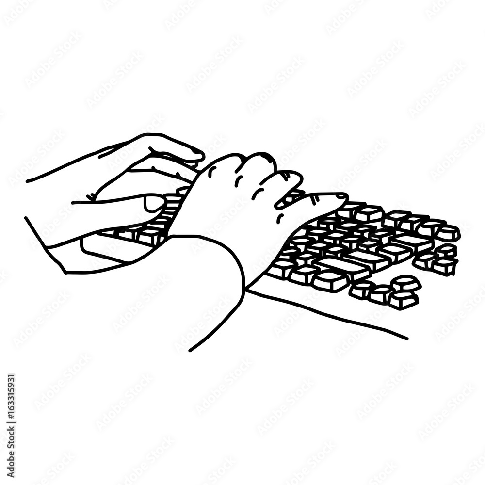 hands on keyboard of computer - vector illustration sketch hand drawn ...