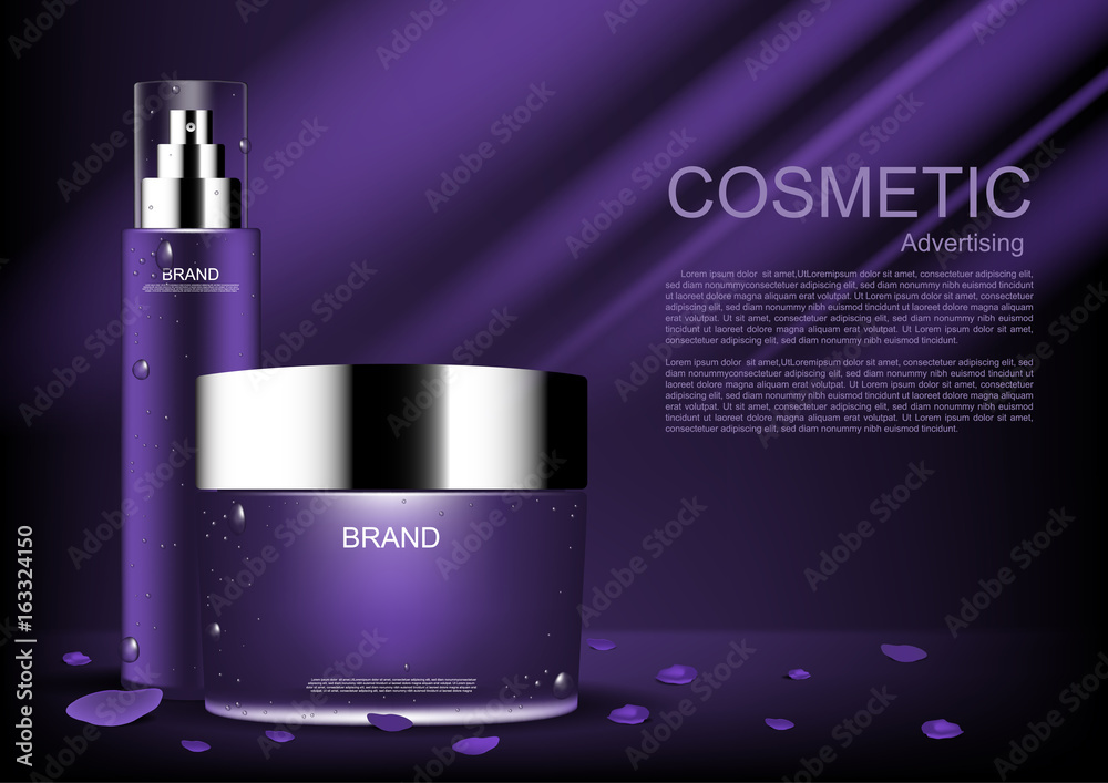 Cosmetic products with petals and template on dark purple background ...