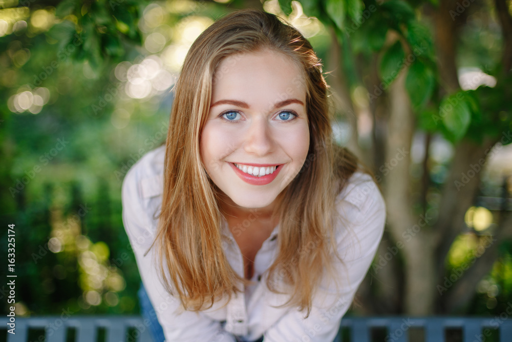Closeup Portrait Of Beautiful Smiling White Caucasian Girl Woman With