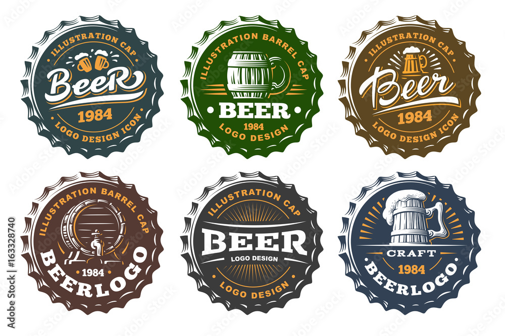Set beer logo on caps - vector illustration, emblem brewery design on ...