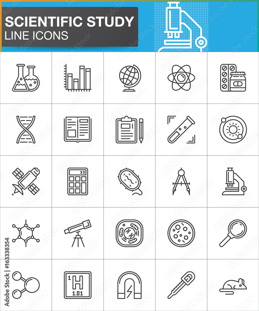 Scientific study line icons set, outline vector symbol collection ...
