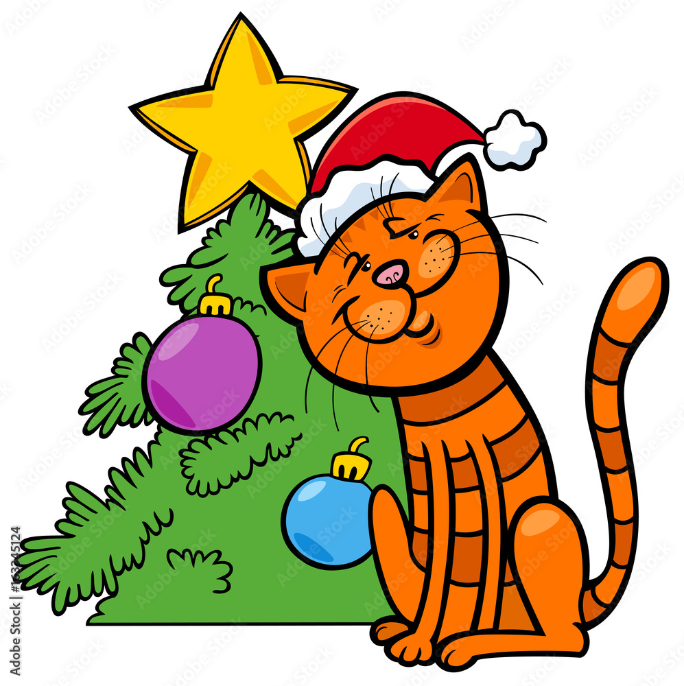 cat with Christmas tree cartoon Stock Vector | Adobe Stock