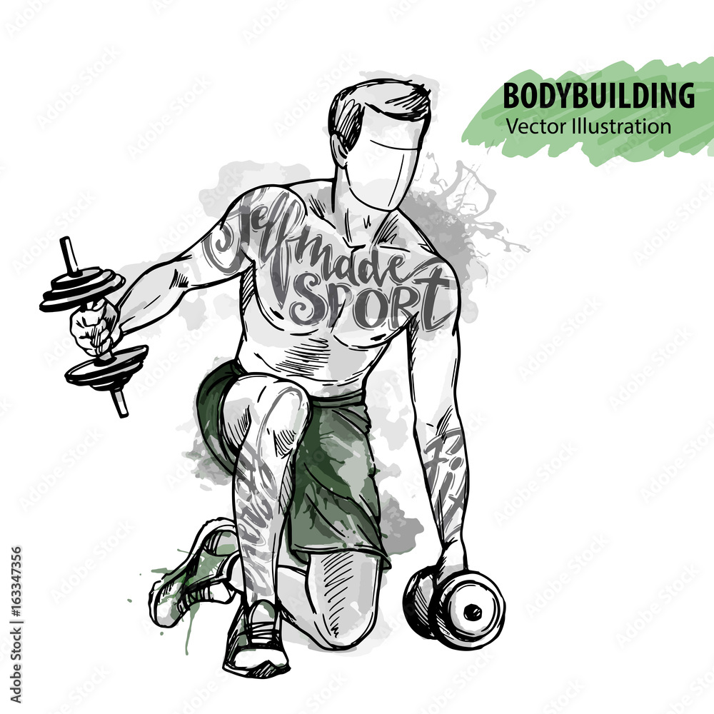 Hand sketch of a man is training with dumbbells. Vector sport ...