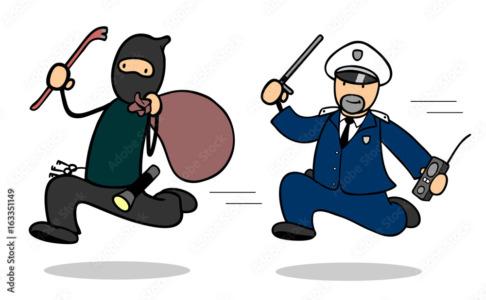 Polizei jagt Einbrecher oder Dieb Stock-Illustration | Adobe Stock