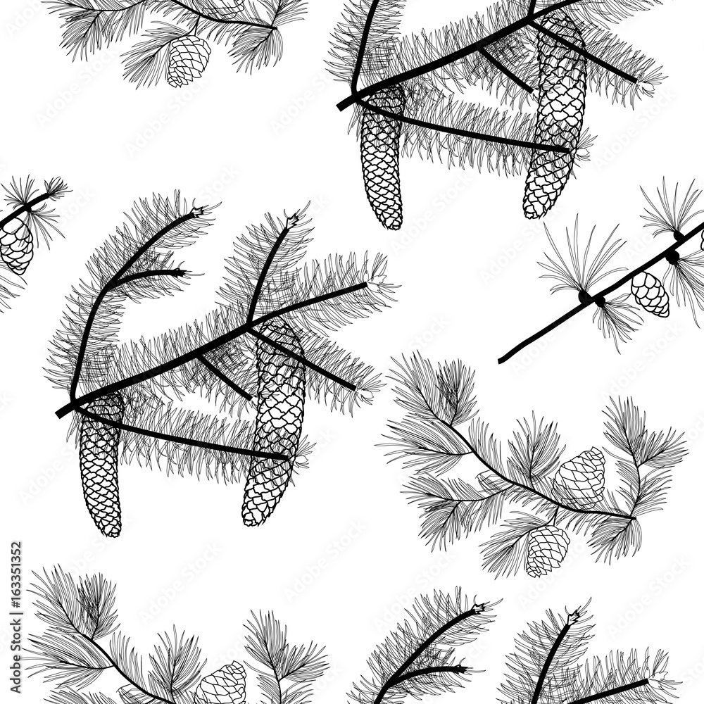 Conifer trees branches seamless pattern, vector black drawing ...