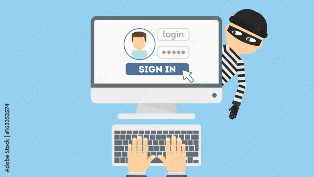 Funny cartoon thief in black mask stealing information from PC. cyber ...