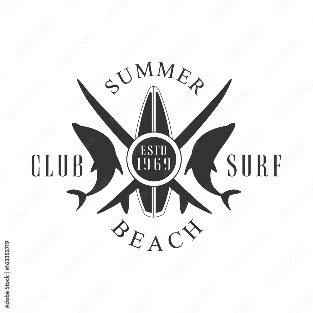 Summer beach surf club logo template, black and white vector ...