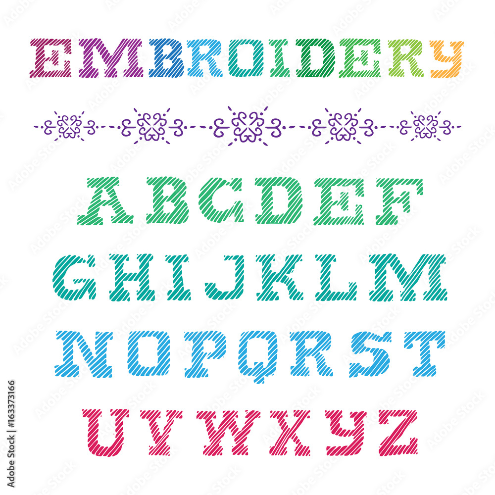 Embroidered alphabet. Colorful vector illustration. Embroidery font ...