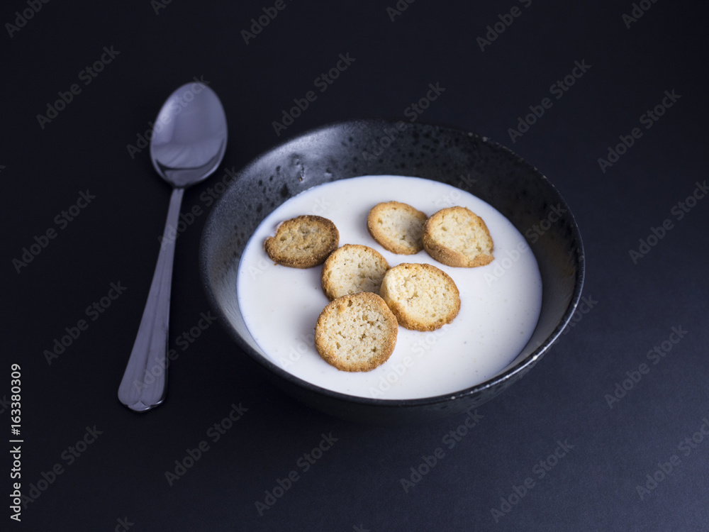 Danish koldskaal - cold buttermilk soup with crispy biscuits named ...