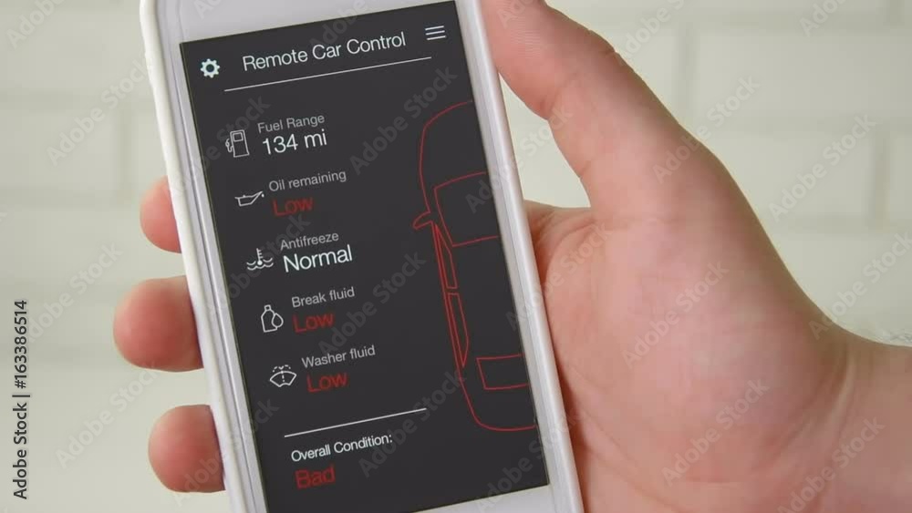 Man checks car information on his mobile device. Bad condition, car ...