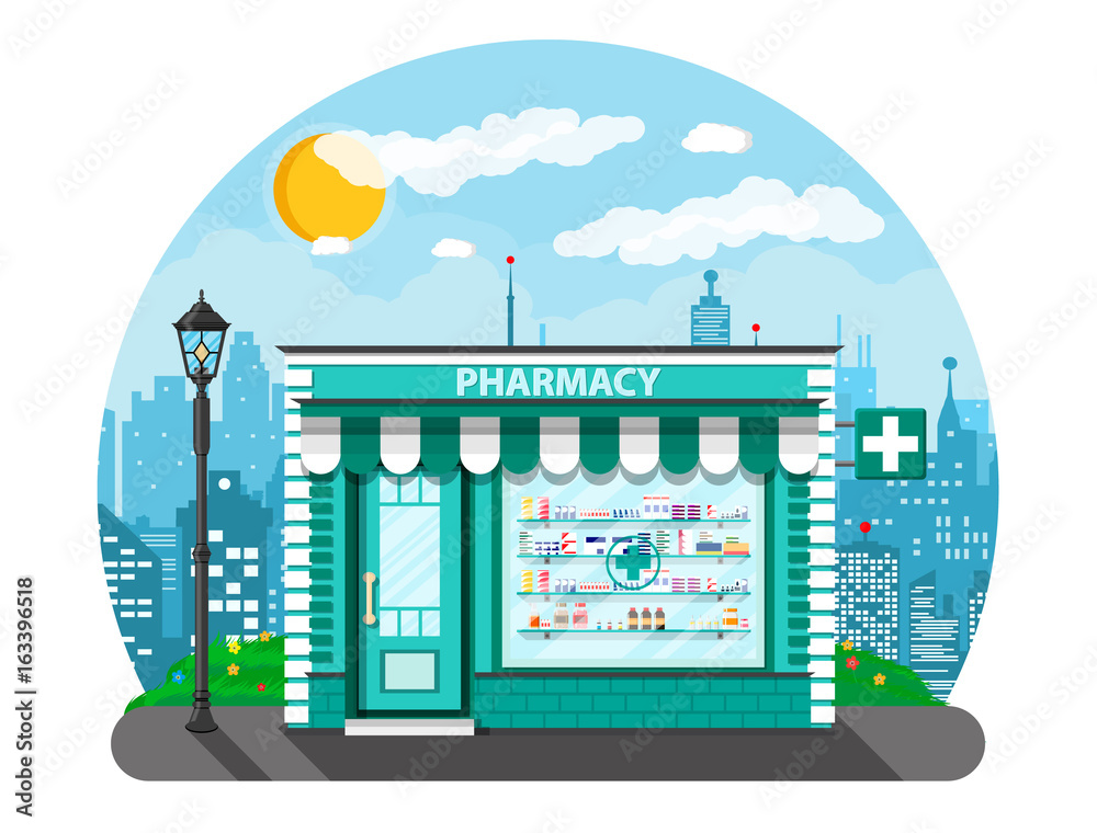 Modern exterior pharmacy or drugstore. Stock Vector | Adobe Stock