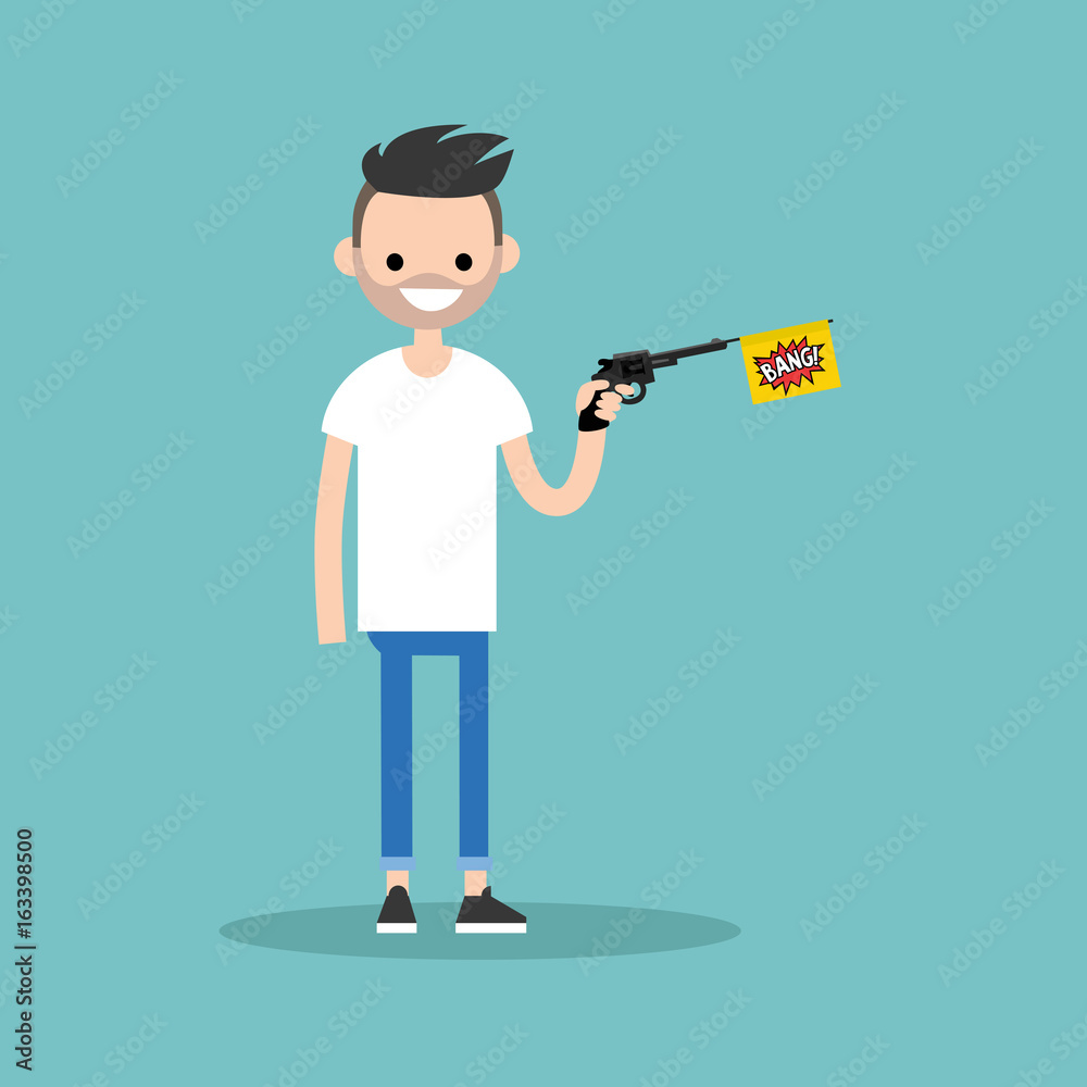 Young character holding a toy gun with a bang flag / flat editable ...
