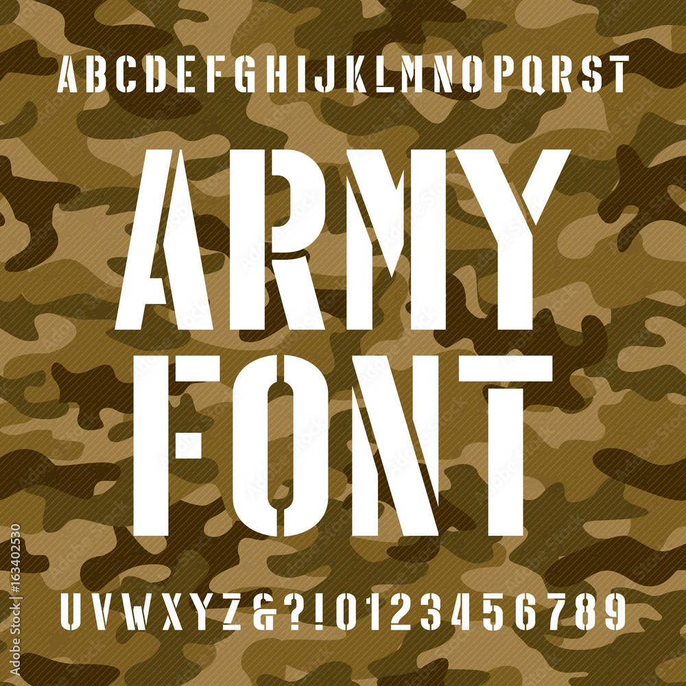 Army stencil alphabet font. Type letters and numbers on distressed camo ...