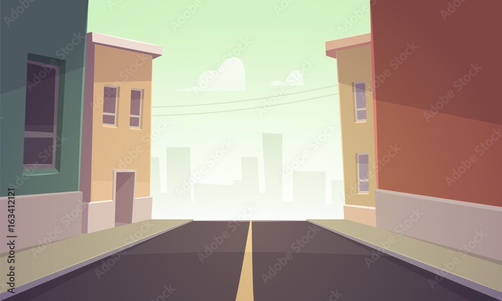 Cartoon vector illustration of the asphalt road over the street. Stock ...