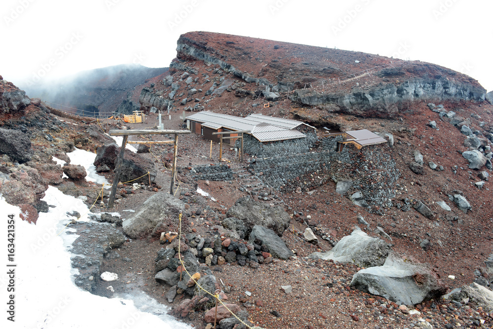 Steep Terrain on climbing route during storm on Mount Fuji, a ...