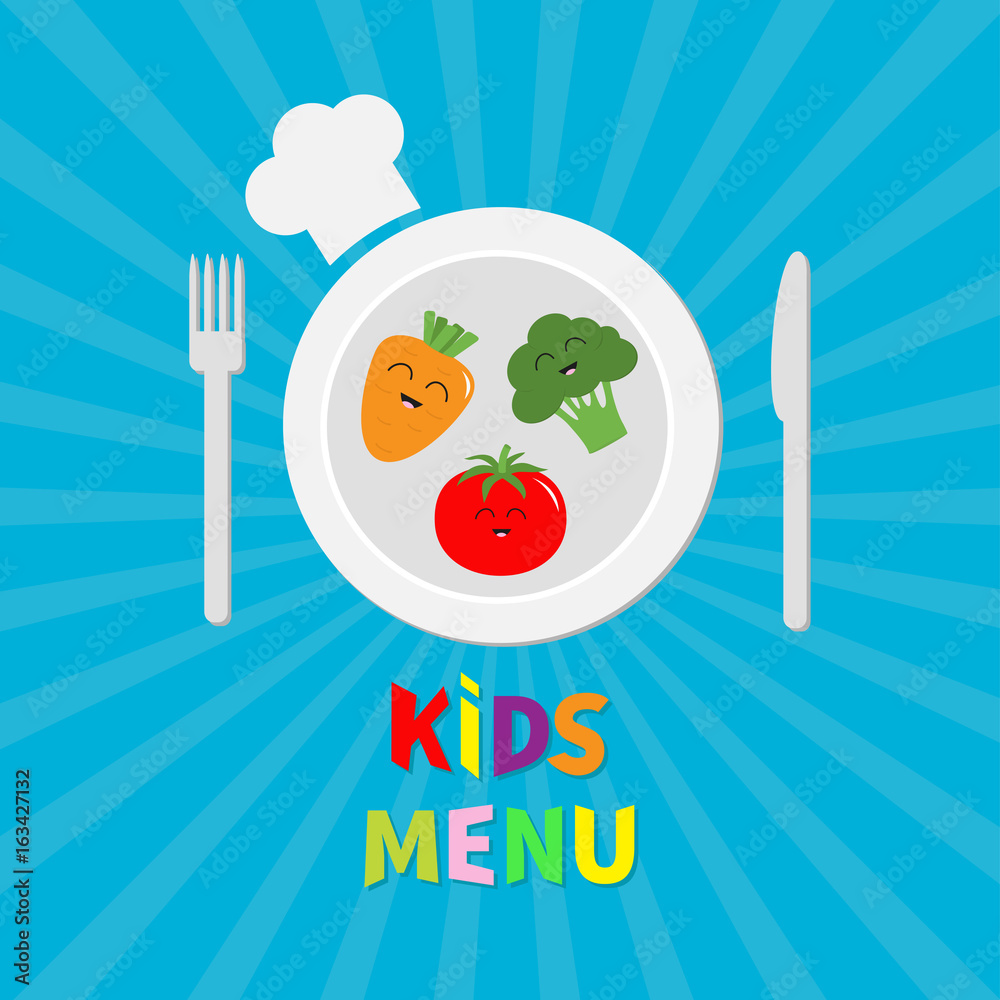 Kids Menu card. Fork, plate, knife and chefs hat icon. Carrot, broccoli ...