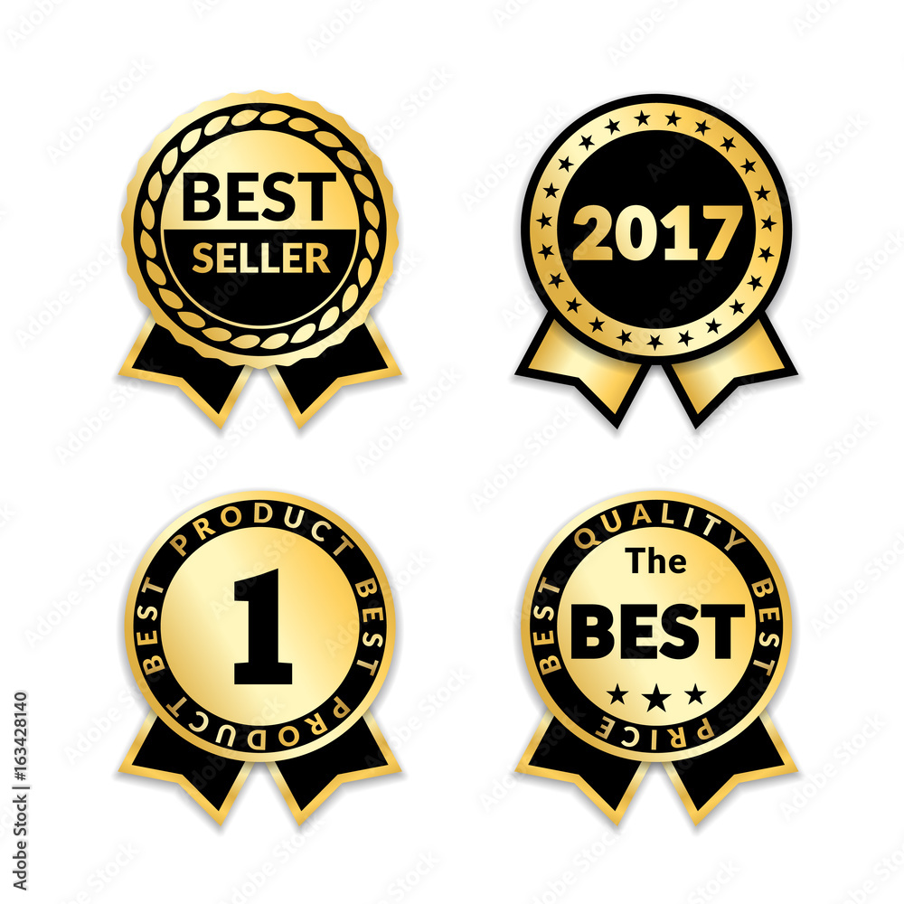 Ribbon awards best seller set. Gold ribbon award icons isolated white ...