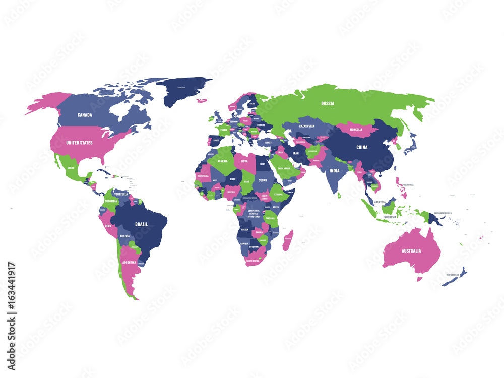 Political map of World in four colors with white country name labels ...