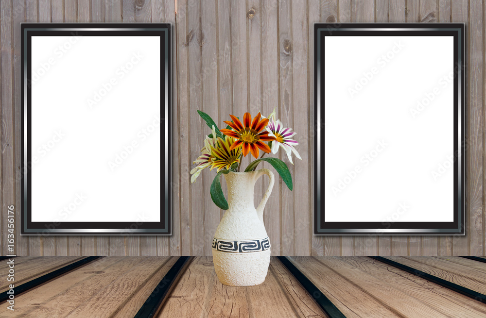 Mocap, six empty white screens with black frame in light natural wood ...