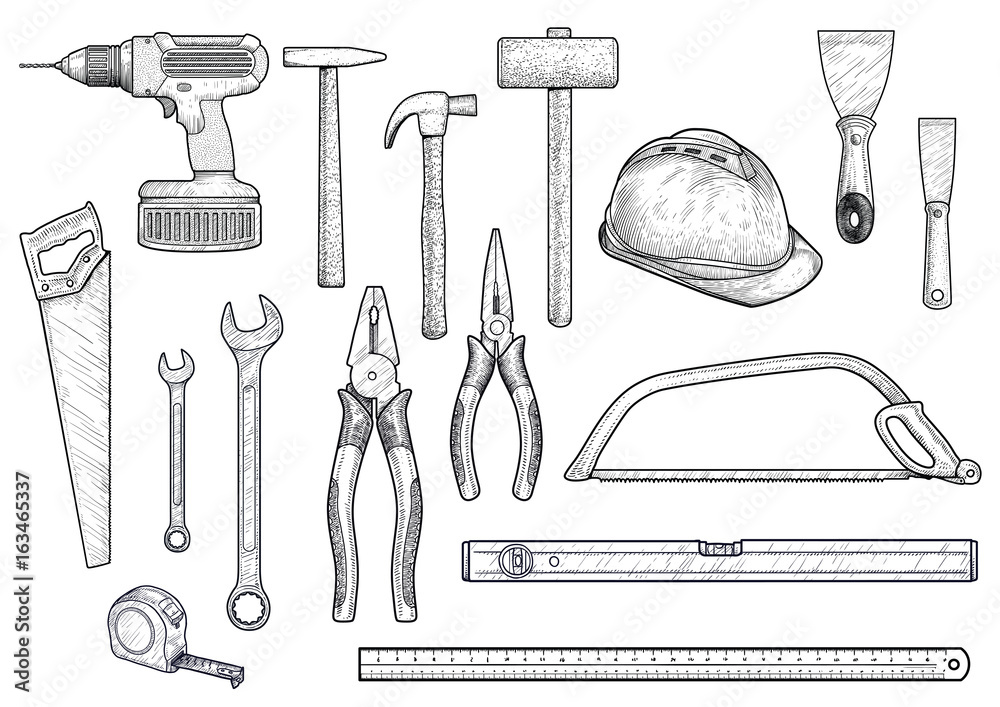 Collection, building, repair, tools illustration, drawing, engraving ...