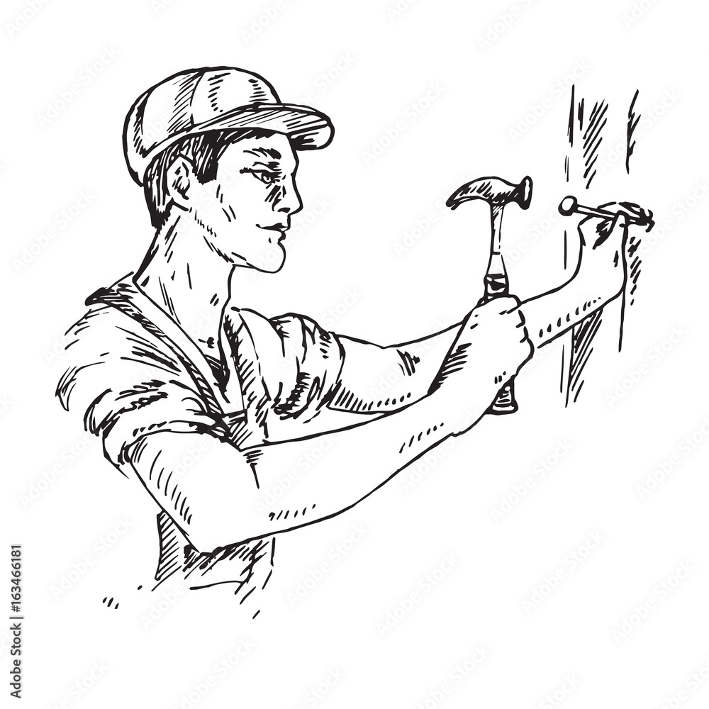 Craftsman in a helmet clogs a nail, hand drawn outline doodle, sketch ...