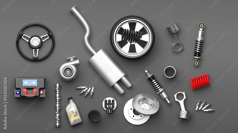 Various car parts and accessories on grey background. 3d illustration ...