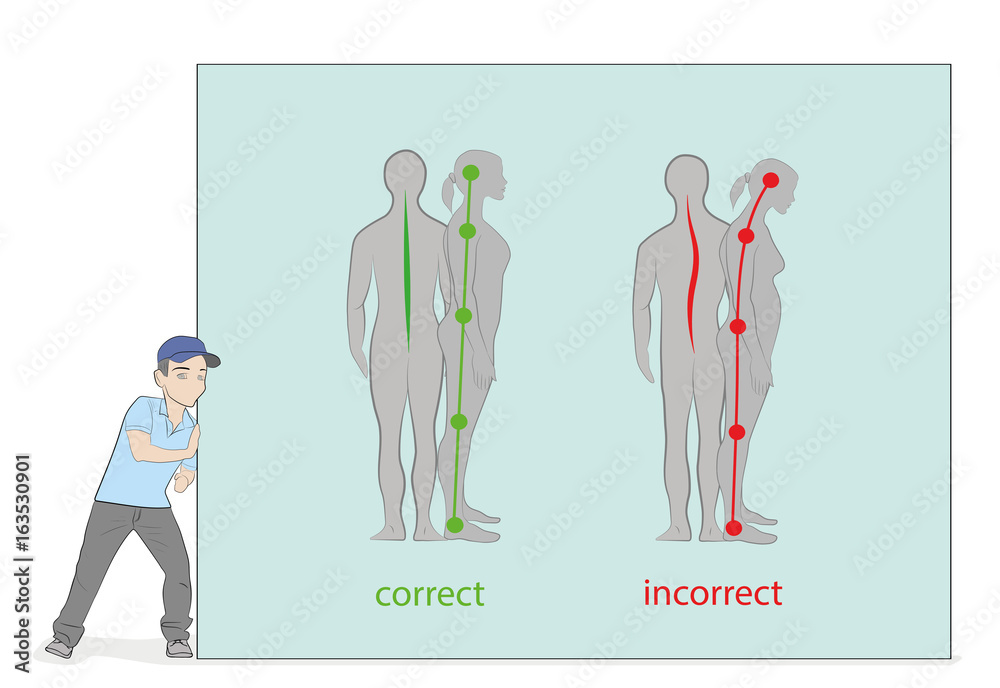 The man pushes the drawing. Correct alignment of human body in standing ...